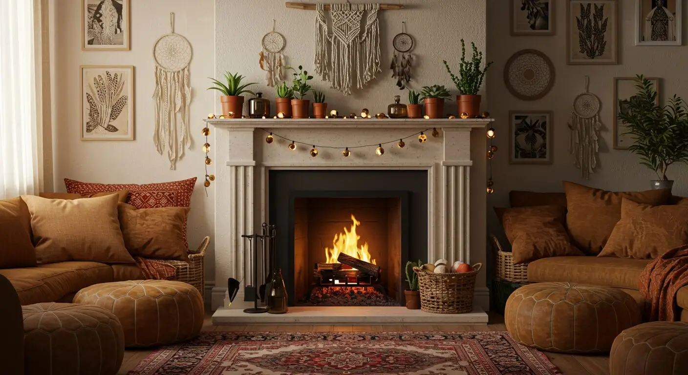 34 Enchanting Boho Living Room Fireplace Decor Ideas