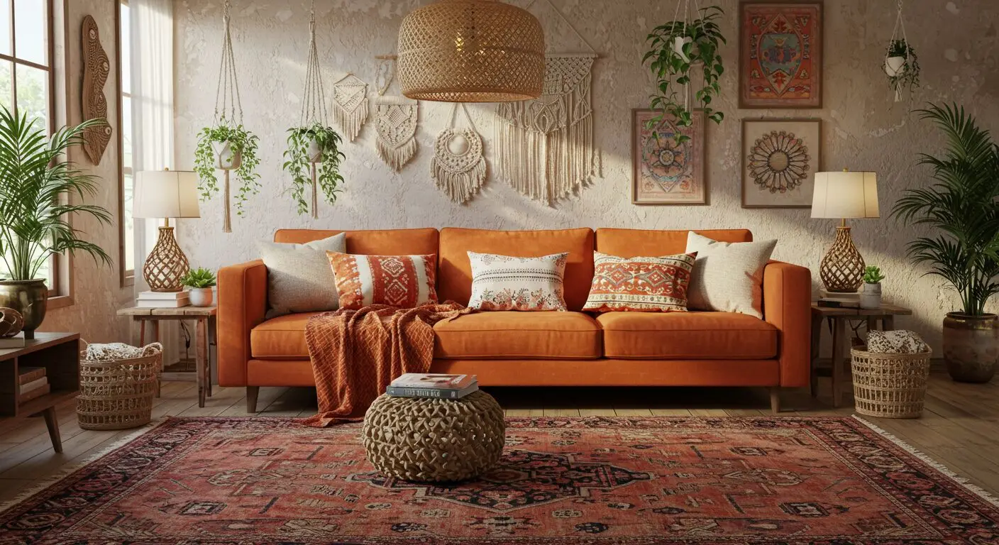 19 Vibrant Ways To Decorate A Boho Living Room Orange Couch